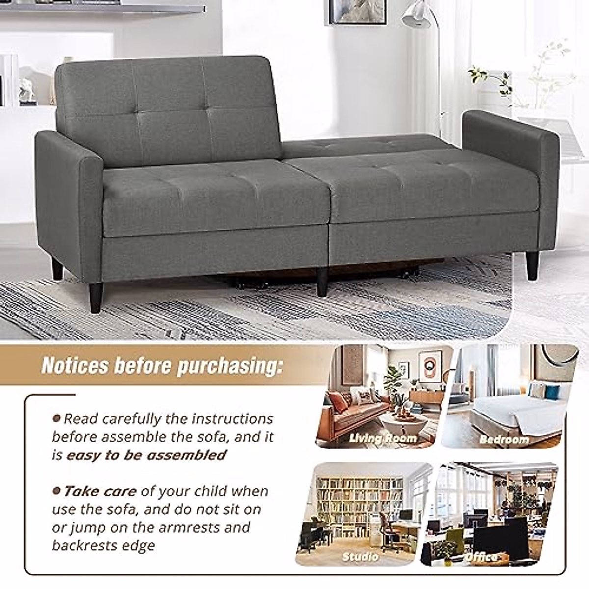 BIVVI 77” Long Linen Fabric Sofa Bed Convertible Loveseat Couch with Adjustable Backrest and Wooden Legs,Sleeper Lounge Couch for Living Room/Dorm/Guest/Home Office/Apartment,Gray
