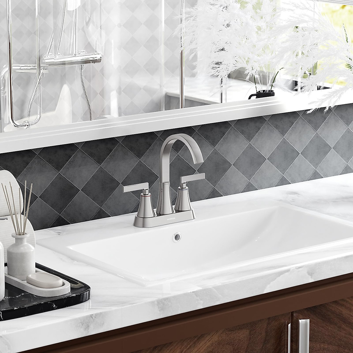 Bathroom Sink Faucet, Hurran 4 inch Brushed Nickel Bathroom Faucets for Sink 3 Hole with Pop-up Drain and Supply Lines, Stainless Steel 360 Swivel Waterfall Faucet for Bathroom Sink Vanity RV Restroom