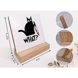 What Black Cat with Knife Wood Plaque with Wooden Stand,Halloween Black Cat Wooden Plaque Sign Desk Decor for Home Living Room Table Shelf Decorations