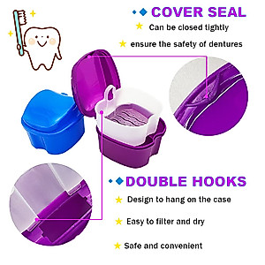 Denture Case Kit, 2 Denture Cup with 2 Denture Brush & 2 Portable Brush Box, Denture Bath Cup with Strainer & Lid for Travel, Storage Soak Container Retainer Cleaner (Blue & Purple)