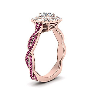 Gemsonclick Double Halo Twisted Shank Engagement Ring rose gold plated Created Pink Sapphire Round shape Pink color Halo Engagement Rings prong and pave setting. in Size 7