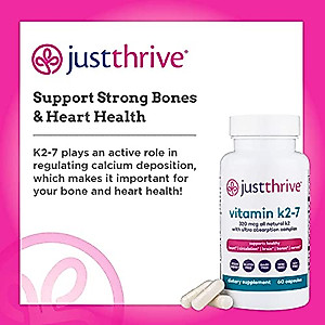 Just Thrive: Vitamin K2-7 - Bone and Heart Health Supplement with Magnesium, Zinc and Menaquinone-7-30-Day Supply - 320 mcg with Ultra Absorption - Support Teeth, Circulation, Brain and Nerve Health