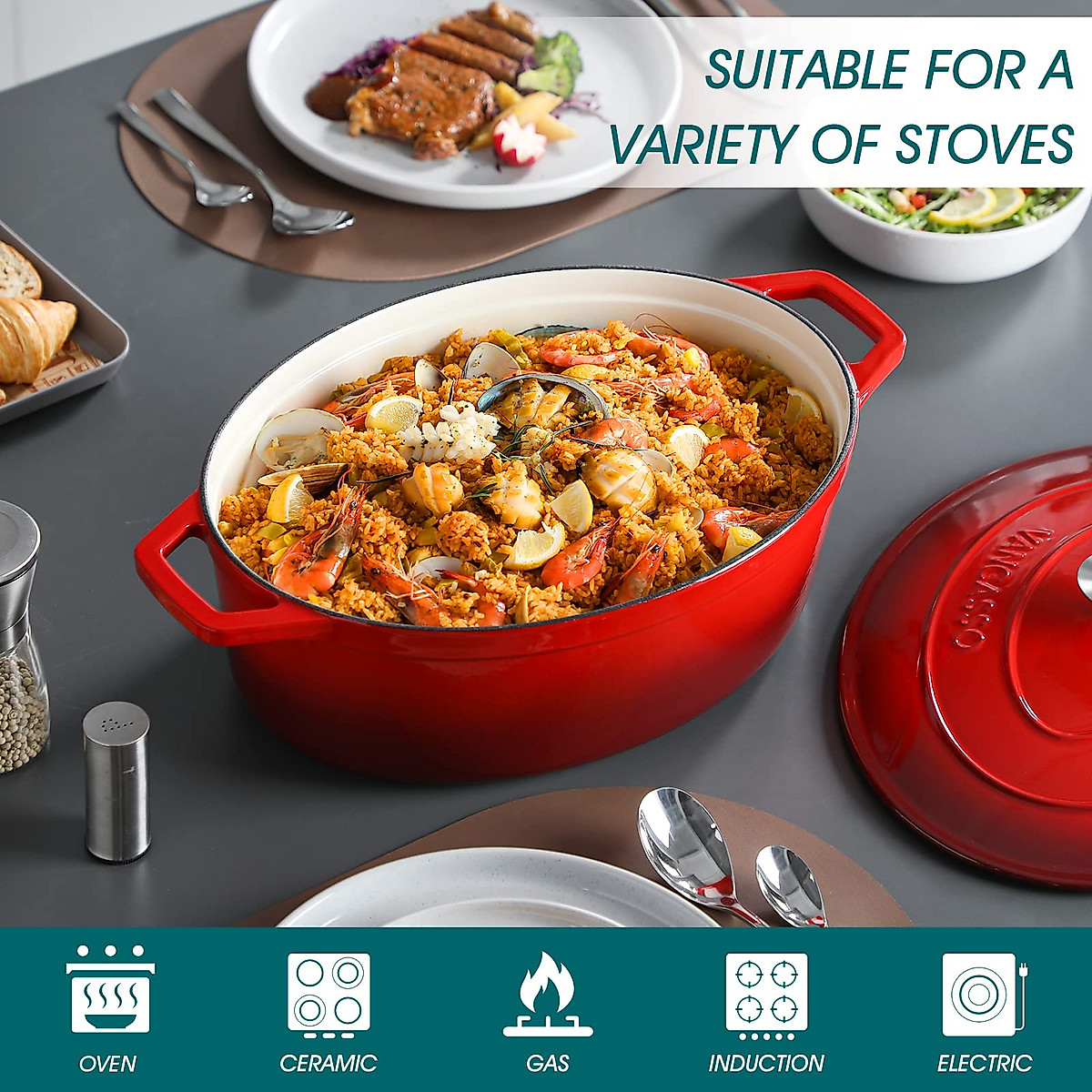 vancasso Enameled Cast Iron Dutch Oven, 9.3 Quart Dutch Oven Pot with Lid, Oval Dutch Oven Cast Iron Pot with Non Stick Enamel Coating for Bread Baking, Red