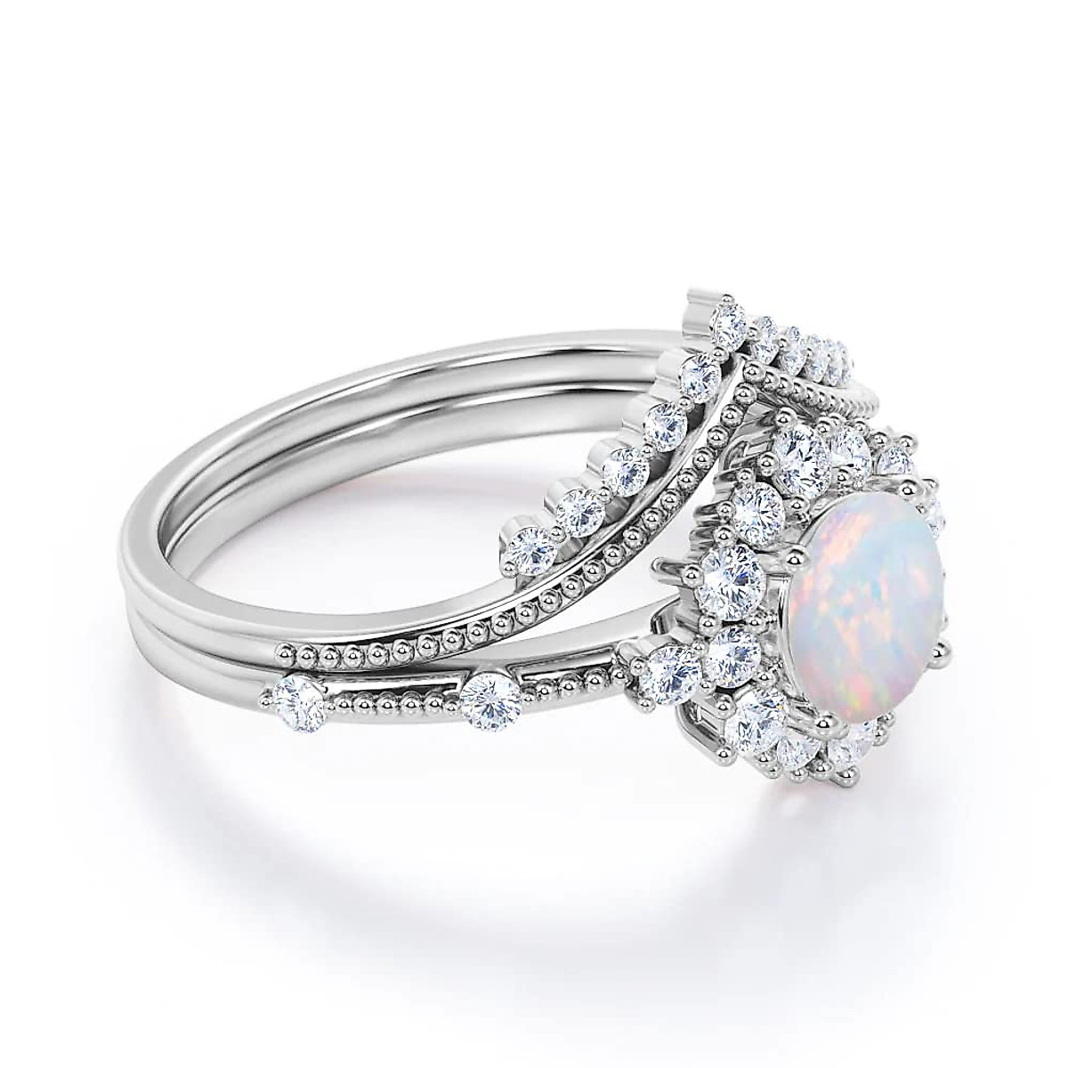 Opal Engagement Ring for Women Bridal Sets 1.35ct Opal and Moissanite Engagement Ring Set 10K White/Rose Gold Wedding Ring Set Opal Birthstone Anniversary Ring Free Engraved