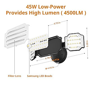 LEPOWER 4500LM LED Flood Light Outdoor Dusk to Dawn, 45W Security Lights Outdoor with 3 Adjustable Heads, IP65 Waterproof, 5000K, Photocell Flood Light Fixture for Garage, Patio,