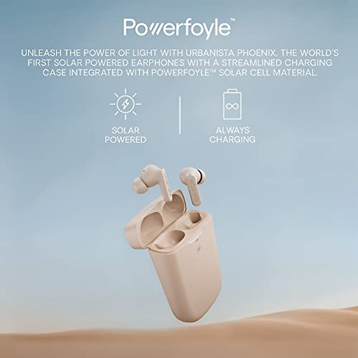 Urbanista Phoenix Solar Powered Hybrid Active Noise Cancelling Wireless Earbuds with Infinite Playtime, Bluetooth Multipoint in-Ear Headphones, Self-Charging Wireless Charging Case, Desert Rose