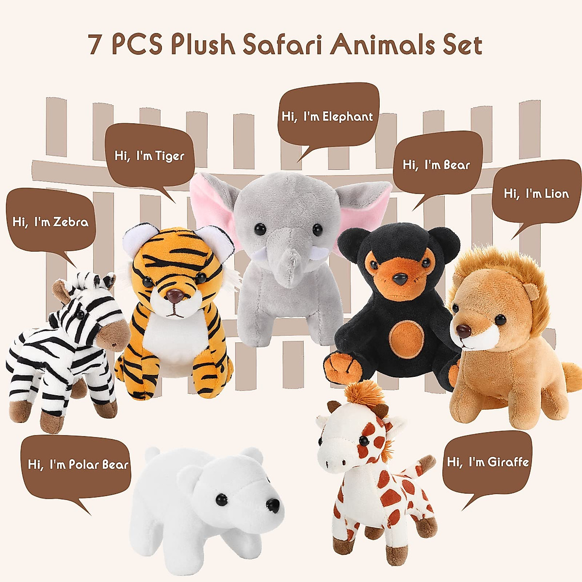 7 Pieces Plush Safari Animals 4.72 Inches Jungle Stuffed Animal Set Includes Plush Giraffe Tiger Lion Bear Elephant Zebra for Zoo Animal Themed Parties Teacher Student Achievement Award