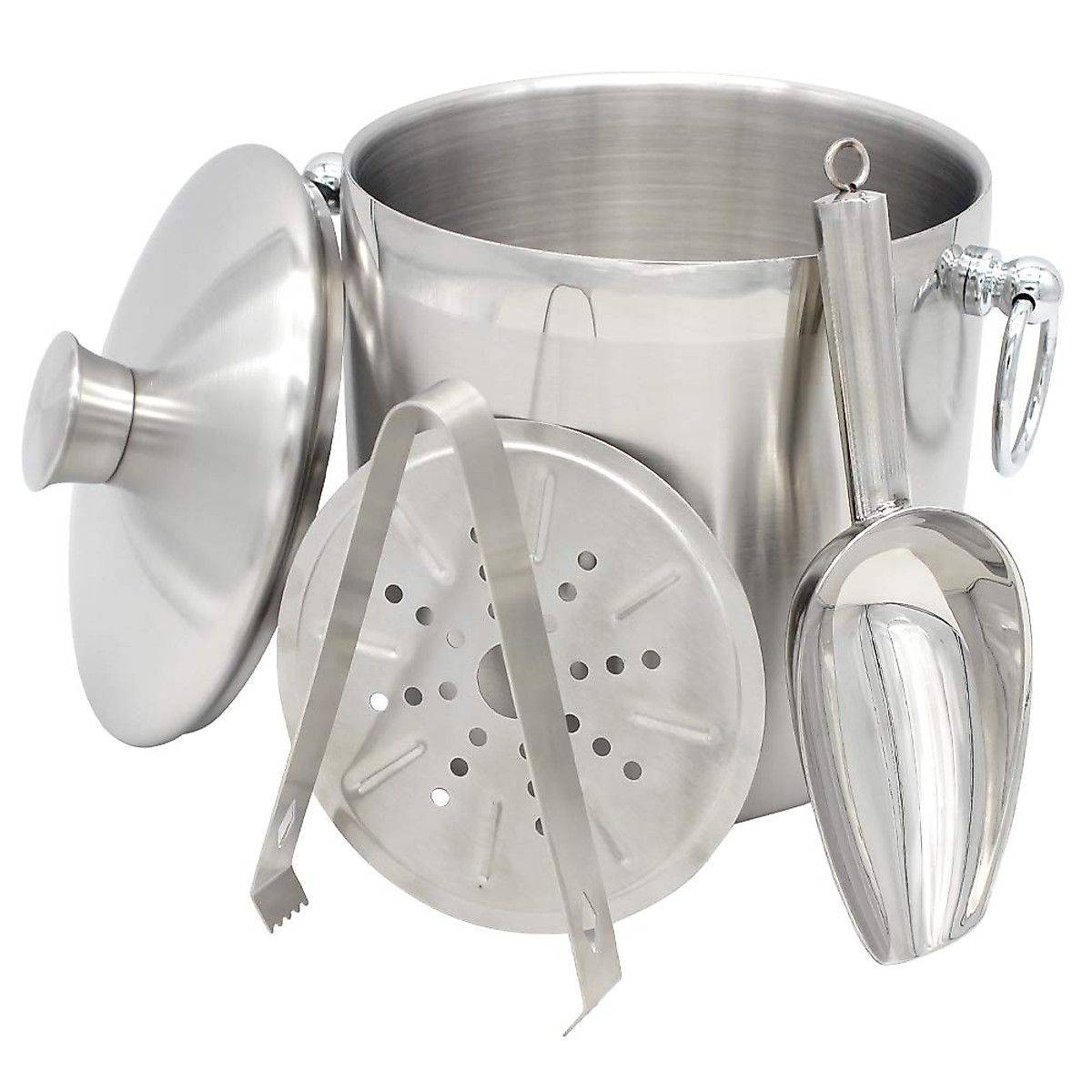Ice Bucket Double Wall Insulated- Well Made Champagne &Wine Bucket Keeps Ice Frozen Longer - 3 Liter Stainless Steel Ice Bucket with Lid, Tongs,Scoop