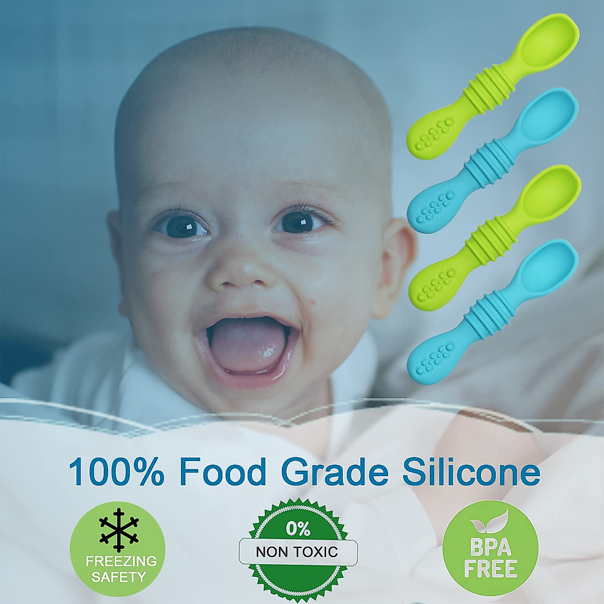 Baby Spoons Self Feeding for 6+ Month Boys Girls, 4 Pack Silicone First Stage Training Spoons for Infants and Toddlers, Chewable Led Weaning Untensils, Dishwasher Safe Boil-proof