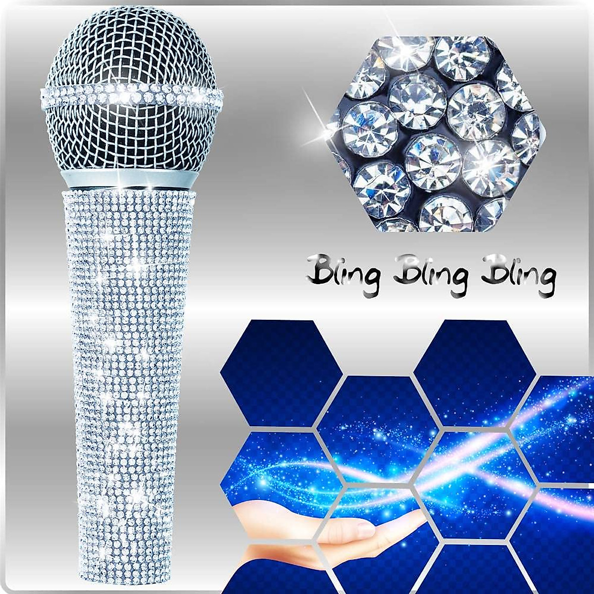 RhymKawa Crystal Silver Dynamic Vocal Microphone for Singing with 3M XLR Cable, Glitter White Wired Microfono with Shiny Bling Handle Cover for Karaoke Machine, All Metal Body