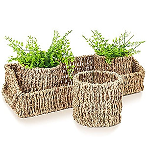 Set of 3 Wicker Round Storage Baskets for Shelves with Rectangular Seagrass Tray (Brown)