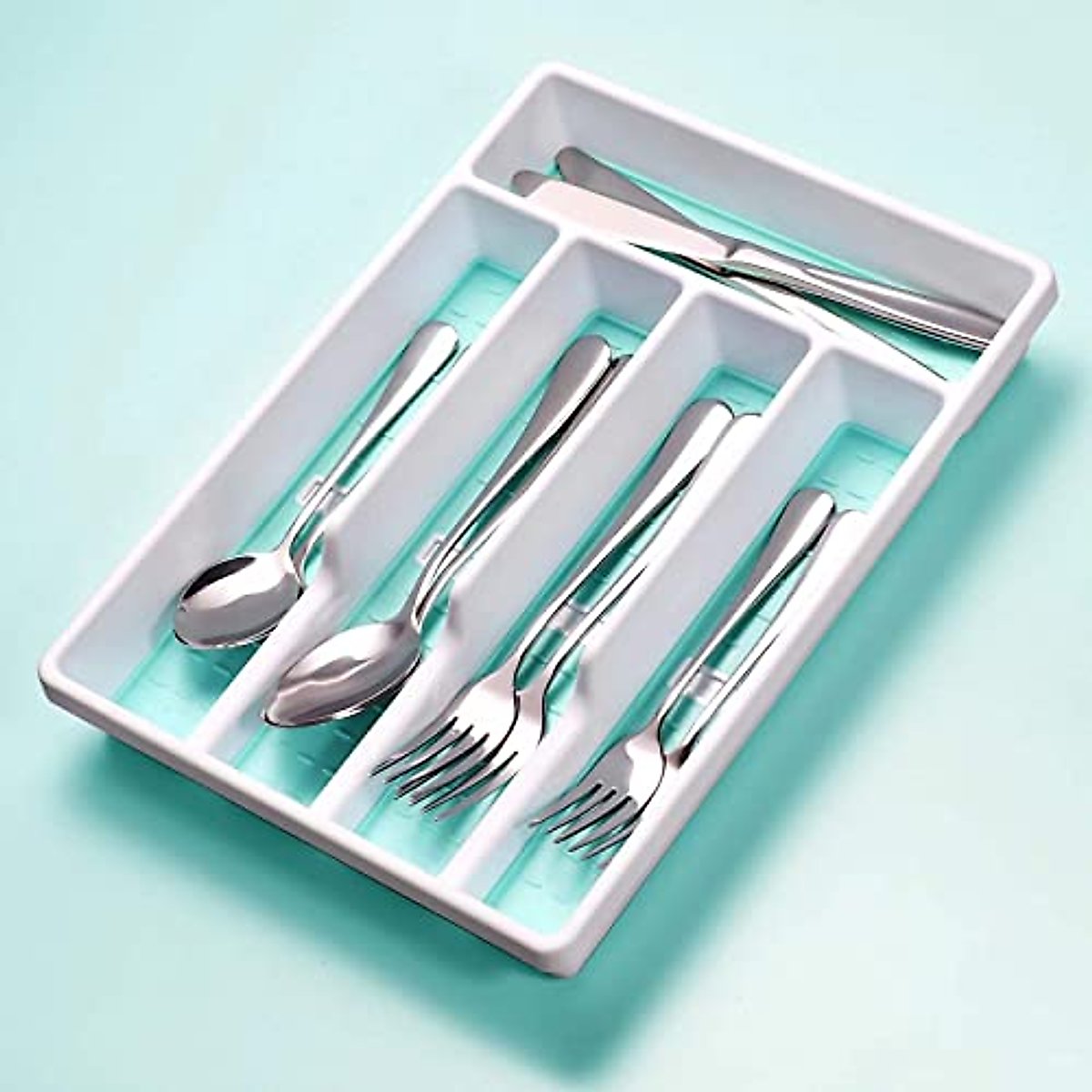Joequality Silverware Organizer with Icons，Plastic Cutlery silverware Tray for Drawer，Utensil Flatware Tableware Organizer for Kitchen with Non-slip TPR,Fits Standard Drawer,5-Compartment，Mint