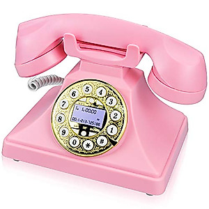 Pink Retro Landline Phone for Home, IRISVO Vintage Phone Old Fashioned Classic Desk Telephone with LCD Screen Display and Redial,Speaker, Push Button Dialing with A Rotary Look (Pink)