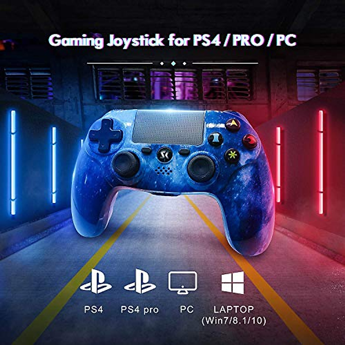 Kujian Wireless Controller for PS4, Blue Galaxy Style High Performance Remote Controller for PlayStation 4/Pro/Slim/PC with Double Vibration, Audio Function, USB Cable