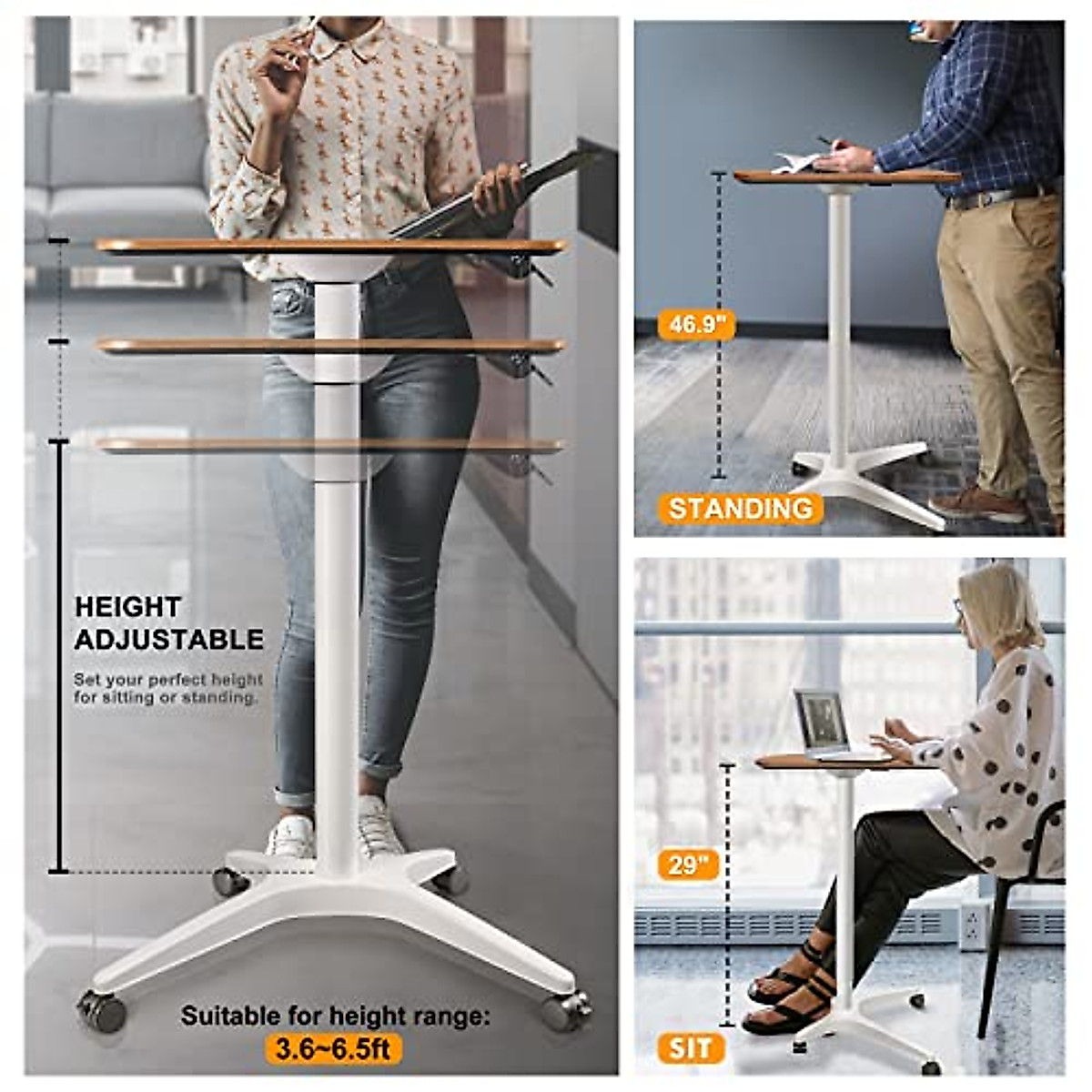 HAOOAH 47" Mobile Standing Desk(26" W*19.3" D), Adjustable Height Laptop Desk, Pneumatic Desk with Gas Spring Riser, Podium for Home, Office，Classroom，Medical, (29" to 46.9" H) (Walnut)