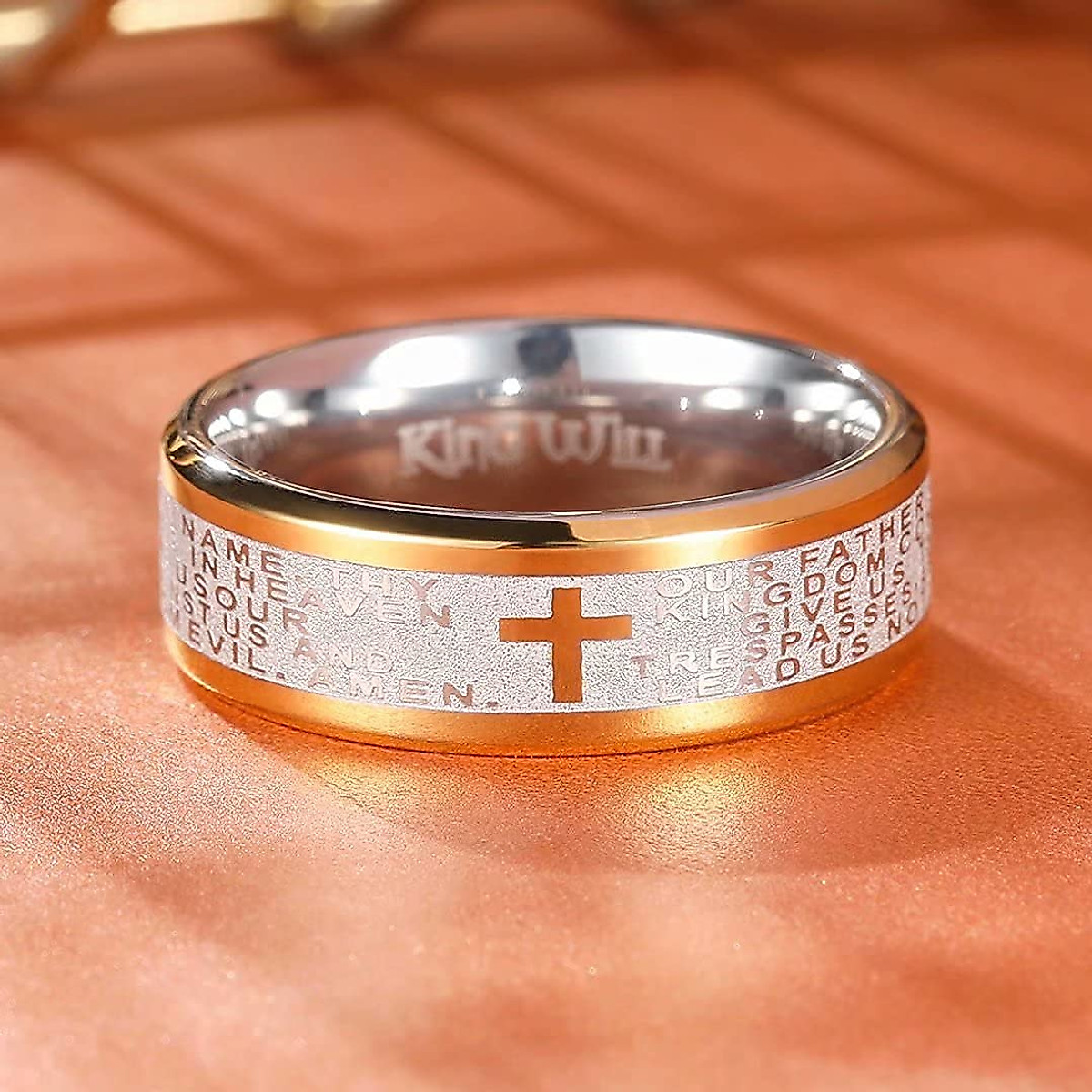 King Will 8mm Lord's Prayer Cross Ring Stainless Steel Ring Gold Silver Wedding Band Bible Engraved Rings High Polished 13.5