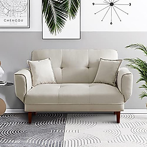 SoarFlash Convertible Futon Sofa Bed with 2 Pillows, Small Couch with Adjustable Armrest and Wood Legs, Upholstered Loveseats Furniture Low Back 2-Seat Sofa Couch with 5-Angle Backrest (Beige)