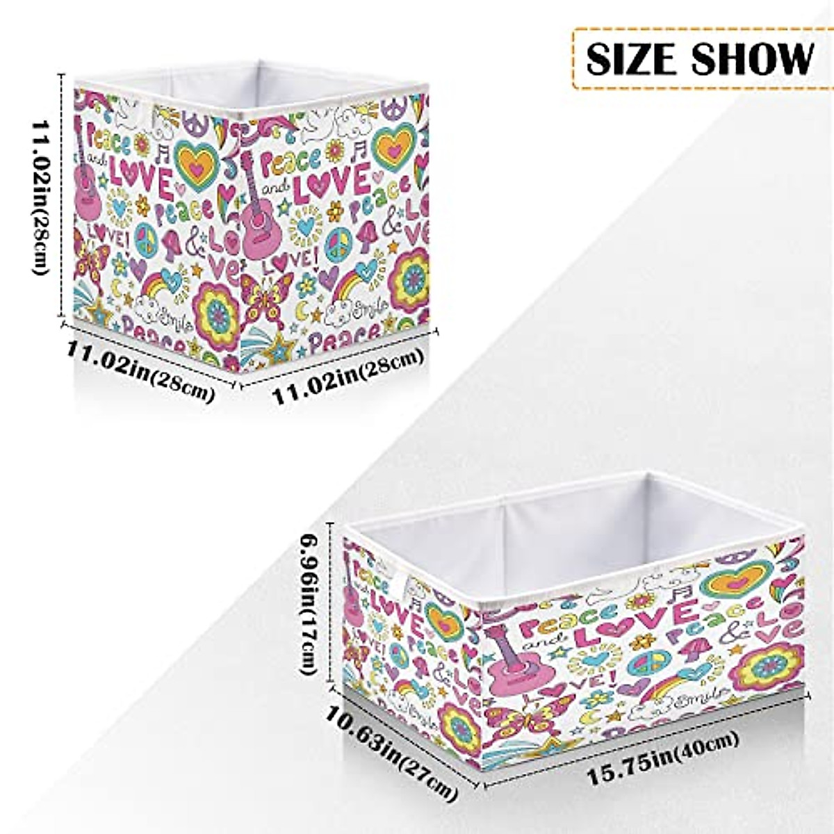 ALAZA Peace Sign Love Music Mushroom Flower Rainbow Storage Bin Organizer Foldable Basket for Closet Cabinet Shelf Office 15.75 x 10.63 x 6.96 Inch