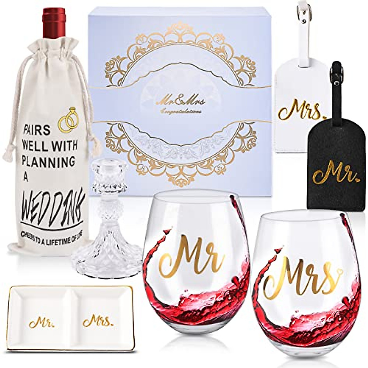 Wedding Gifts for Couples, Bridal Shower Gift Engagement Gifts for Bride and Groom to Be, Mr and Mrs Wine Glasses(17oz) Honeymoon Gifts Wedding Gifts for Newlyweds, Anniversary Couples Gifts