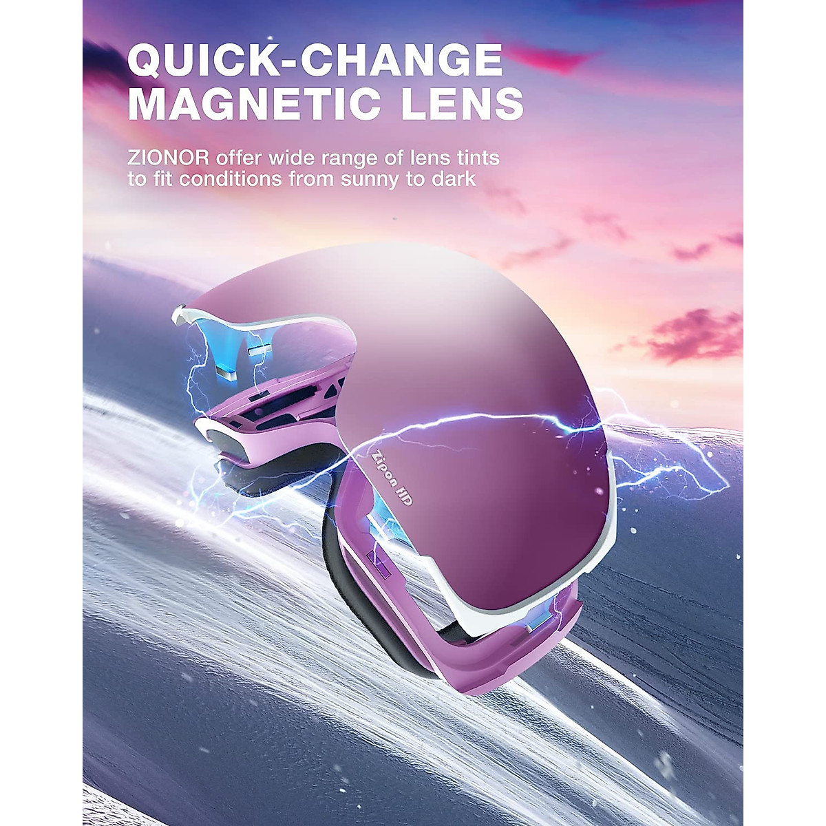 ZIONOR Ski Goggles, Z1 Zipon HD Lens Snow Goggles for Men Women Adult, Anti-fog Magnetic Lens Snowboard Goggles with UV Protection, OTG Snowboarding Goggles, Over Glasses Skiing Snowmobile Goggles