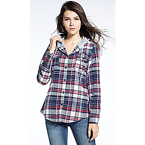 BOMDEALS Women's Classic Plaid Cotton Hoodie Button-up Check Shirts (M,Gray)