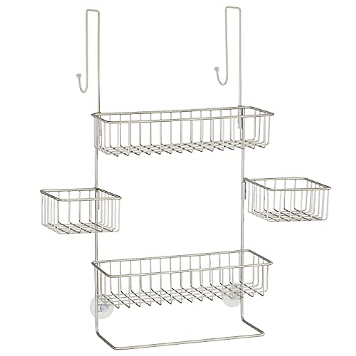 mDesign Steel Shower Caddy Hanging Shelf Rack Storage Organizer 4 Baskets, 2 Hooks for Bathroom, Dorm - Holds Shampoo, Conditioner, Soap Dispenser, Sponge - Klypon Collection - Matte Satin