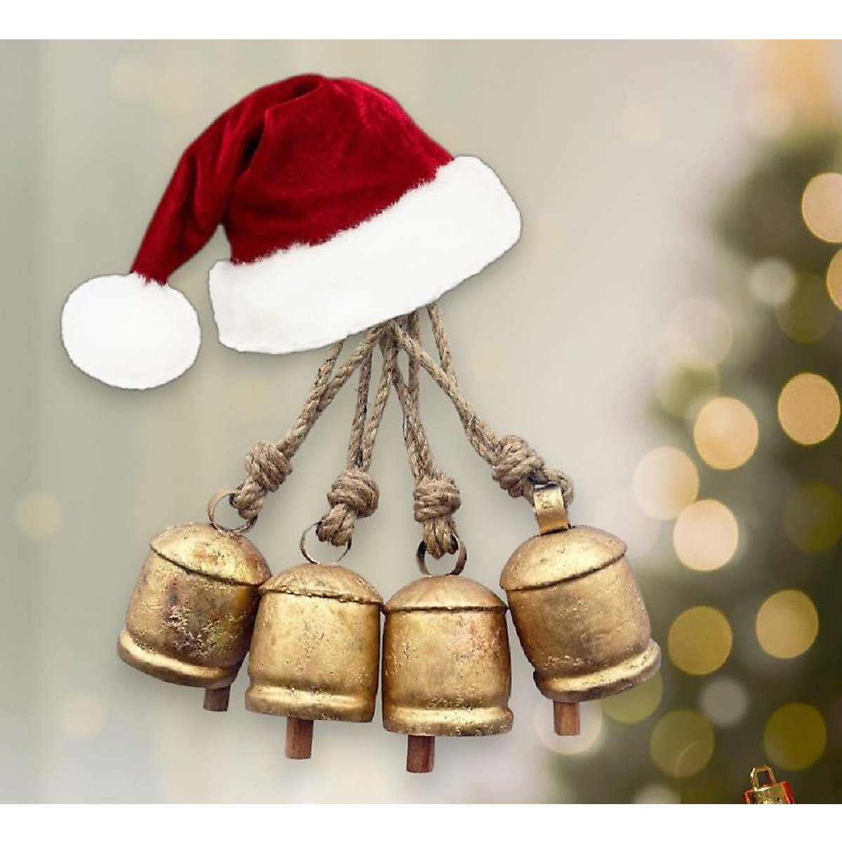 4 inch Giant Harmony Cow Bells Huge Vintage Handmade Rustic Lucky Christmas Hanging jingle bells (Country Rustic, Large) Set of 4 Handmade Bells with Jute Rope