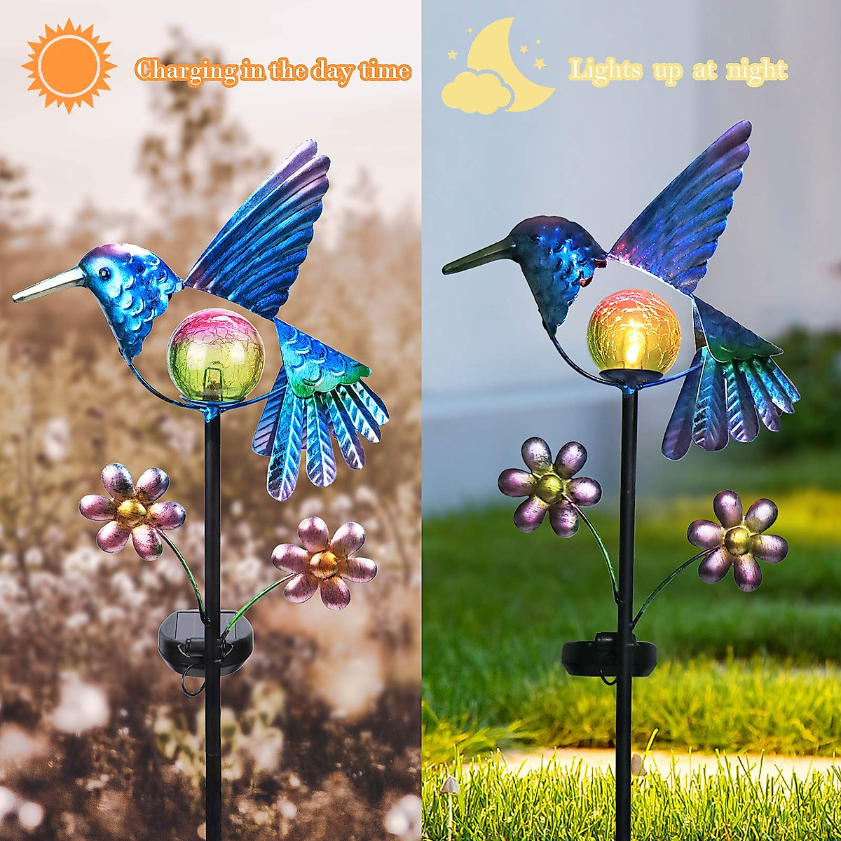 Afirst Solar Garden Stake Lights - Outdoor Waterproof Decorative Solar Lights, Hummingbird LED Warm Crackled Glass Globe Lights for Walkway, Pathway, Yard, Lawn