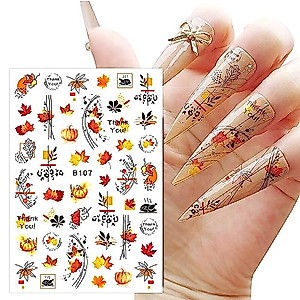 JMEOWIO 12 Sheets Fall Autumn Nail Art Stickers Decals Self-Adhesive Pegatinas Uñas Pumpkin Maple Leaf Thanksgiving Nail Supplies Nail Art Design Decoration Accessories