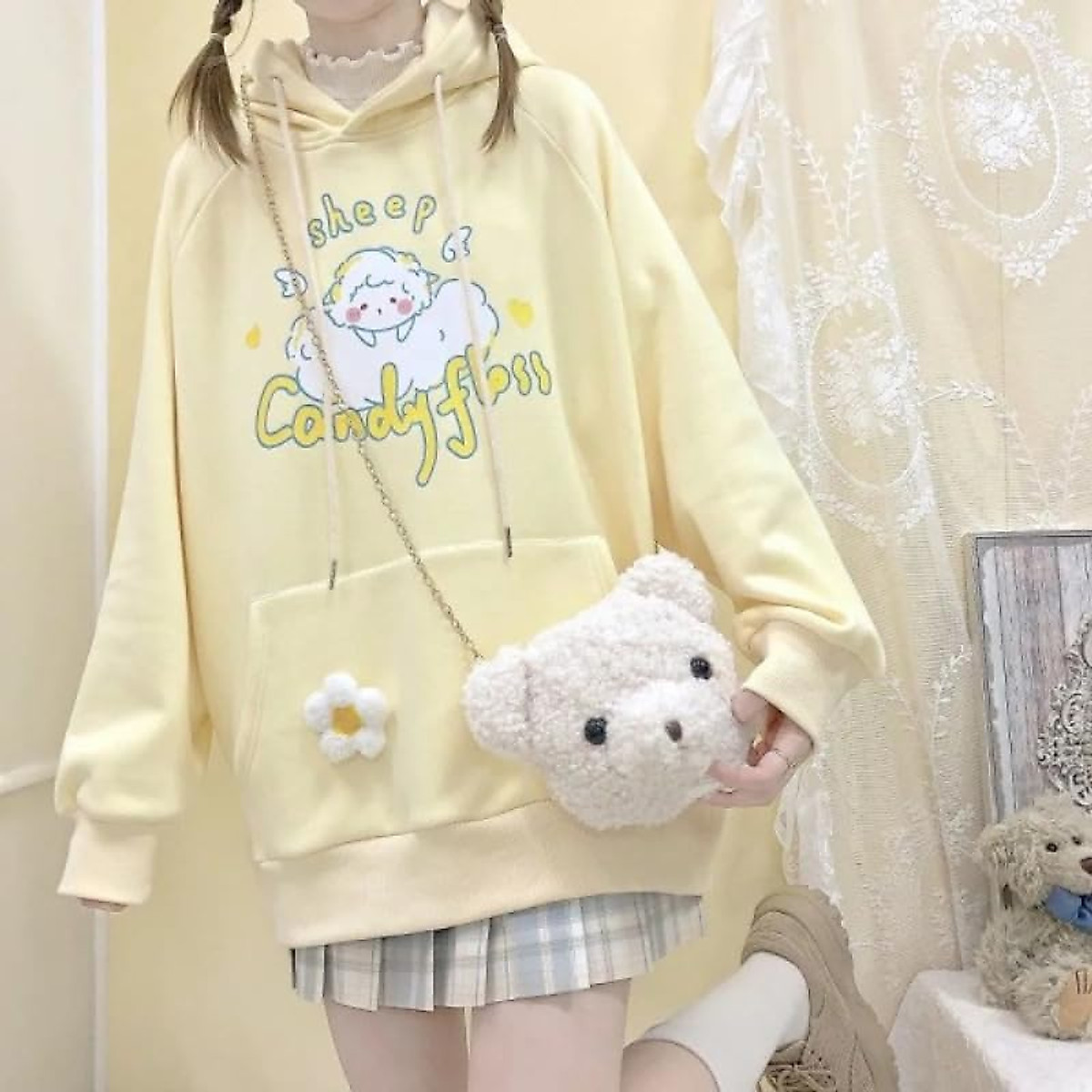 Ordabi Kawaii Hoodie Sheep Graphic Sweatshirt Oversized Aesthetic Pullover Japanese Preppy Alt Clothes Harajuku Streetwear (Apricot,L)