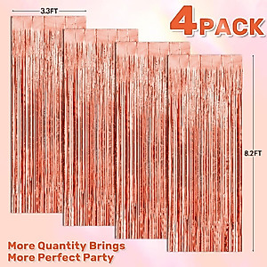 4-Pack Backdrop for Party Decorations, Foil Fringe Backdrop Curtains, Tinsel Streamers for Birthday Party Decorations, Rose Gold Tinsel Curtain for Graduation Mermaid Baby Shower New Year Prom Parties