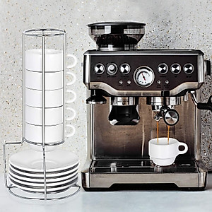 Lifecapido Espresso Cups and Saucers with Stand Rack, Porcelain Stackable Espresso Mugs, 2.5 Ounce Demitasse Cups Designed for Espresso, Latte, Cafe, Mocha - Set of 6 (White)
