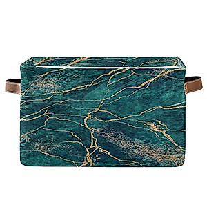 Kigai Collapsible Storage Basket with Handles, Gold Green Marble Canvas Fabric Storage Bins Toys Clothes Organizer for Bedroom, Nursery, Shelves, Closets (2PACK)