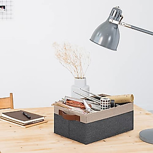 GhvyenntteS Storage Baskets for Organizing, Fabric Storage Bins with Leather Handles, Foldable Rectangular Storage Baskets for Shelves, Closets, Home, Office, Empty Gift Baskets (Black/White & Grey/Be