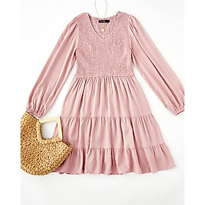 ZESICA Women's Casual V Neck Long Sleeve Smocked High Waist Ruffle A Line Tiered Mini Dress,DarkPink,Medium