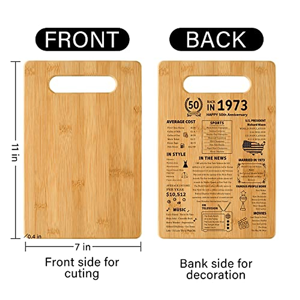 50th Wedding Anniversary Cutting Board Gifts for Women Men Marriage Gifts for Couple 1973 Poster Back In 1973 50th Anniversary Decorations 100% Organic Bamboo Pre Oiled 11"L x 7"W x 0.5"Th