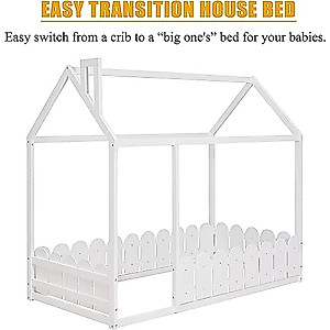 Harper & Bright Designs Twin Floor Bed for Kids, Wood Montessori Floor Bed Twin with Fence-Shaped Rails, Twin Size House Bed for Girls, Boys(Twin,White)