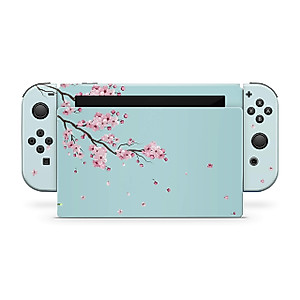 Tacky Design Sakura Blue Skin Compatible with Nintendo Switch Skin Wrap Cover, Blossom Flowers Skin for Nintendo Switch Stickers, Premium Vinyl 3M Full Wrap Decal.