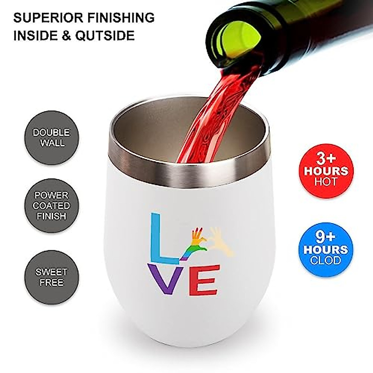 Mighun LGBT Pride Gay Lesbian Wine Tumbler with Lid LGBT Love Vacuum Coffee Tumbler Stainless Steel Coffee Cup for Cold & Hot Drinks Wine Coffee Cocktails Beer 12 Oz