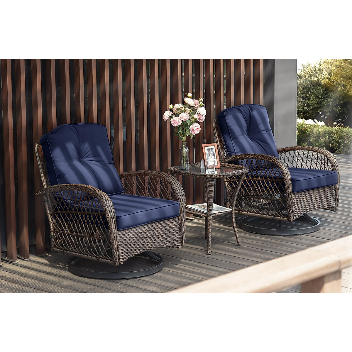 SHA CERLIN 3 Pieces Patio Furniture Set, Outdoor Swivel Glider Rocker, Wicker Patio Bistro Set with Rocking Chair, Cushions and Table (Blue)