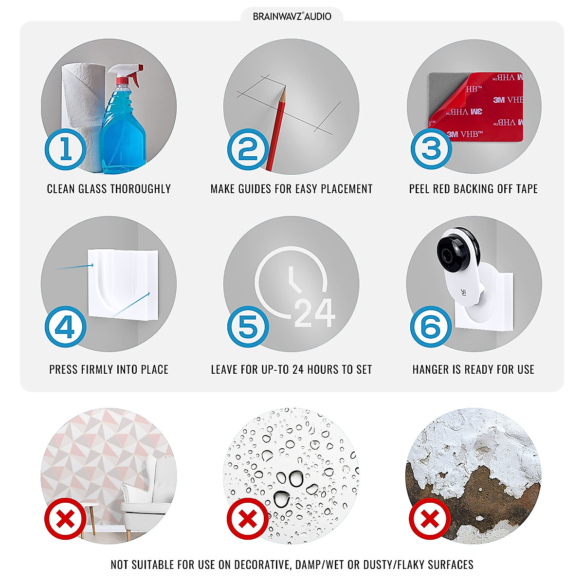 Corner Wall Mount for YI Home (3 Pack) Security Camera - Adhesive Holder, No Hassle Bracket, Strong 3M VHB Tape, No Screws, No Mess Install (White) by Brainwavz