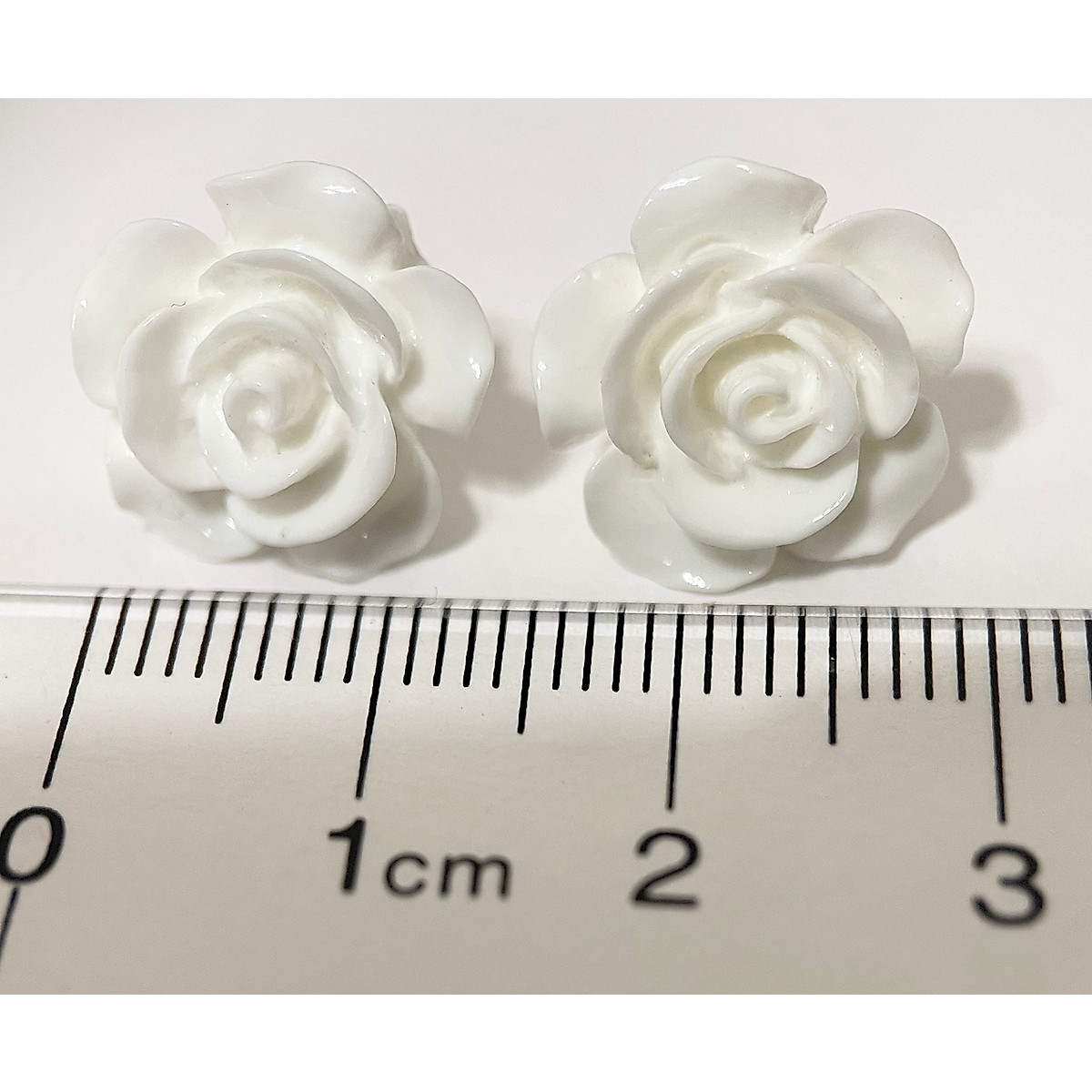 Hypoallergenic Rose 3d Stud Glossy Flower Earrings on Plastic Posts, 14mm (White)