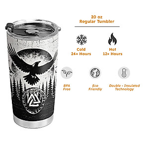 20oz Viking Raven Tumbler, Norse Mythology, Viking Gifts for Men, Vikings Celtic Coffee Thermos, Stainless Steel Double Wall Vacuum Insulated Coffee Mug, Travel Cup with Lid