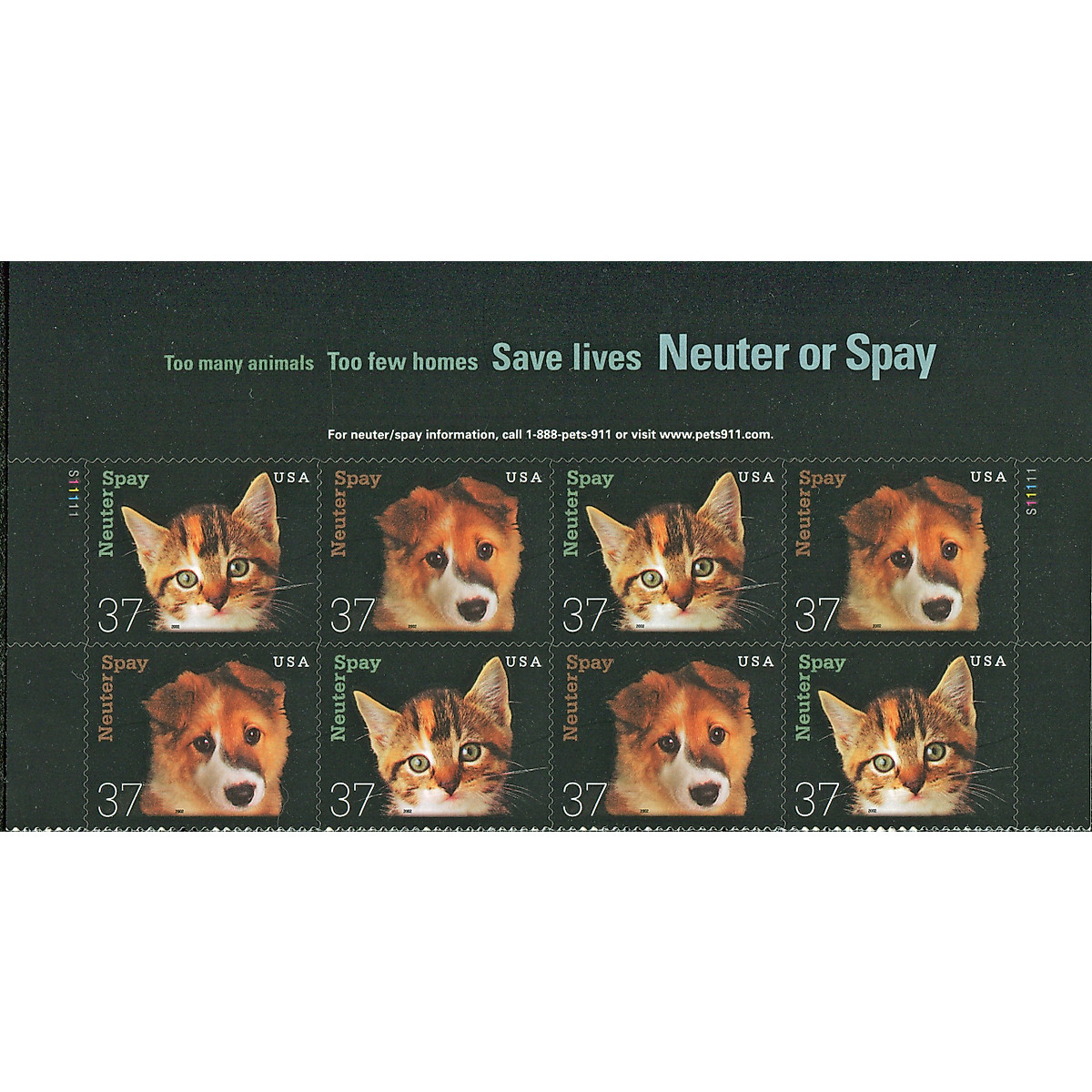 DOG ~ CAT ~ Neuter ~ Spay #3671a Block of 8 x 37¢ US Postage Stamps