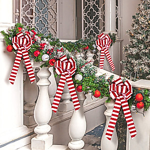 WILLBOND Christmas Red White Bow Red White Stripe Christmas Candy Cane Pattern Burlap Large Wreath Ribbon Bow Decorative for Tree Holiday Decoration Supplies, 25.6 x 9.8 Inch