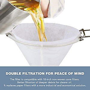 10” Reusable Cone Filter Bag for Frying Oil - with Folding Arms to Attach to Deep Fryers, Cooking Oil Filter Holder, Maple Syrup Cone Filter Stand - Durable Construction - Easy to Clean