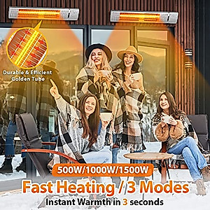 Electric Patio Heater, 1500W Outdoor Heater with 3 Power Settings, Remote Control, Outdoor/Indoor Wall-Mounted Infrared Heater with Fast Heating and Overheat Protection for Large Room, Garage