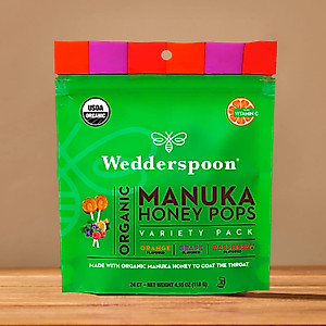 Wedderspoon Organic Manuka Honey Vitamin C Lollipops Variety Pack, 24 Count - No Artificial Flavors or Dye