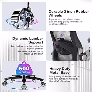 500lbs Big and Tall Office Chair- Heavy Duty Executive Computer Chair with 3D Flip Arms Large Wheels, Ergonomic Mesh High Back Desk Chair, Extra Wide Seat Adjustable Lumbar Support&Headrest