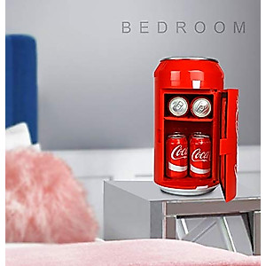 Coca-Cola 8 Can Portable Mini Fridge w/ 12V DC and 110V AC Cords, 5.4L (5.7 qt) Can Shaped Personal Cooler, Red, Travel Fridge for Drinks, Snacks, Lunch, Home, Office, Dorm Room, RV